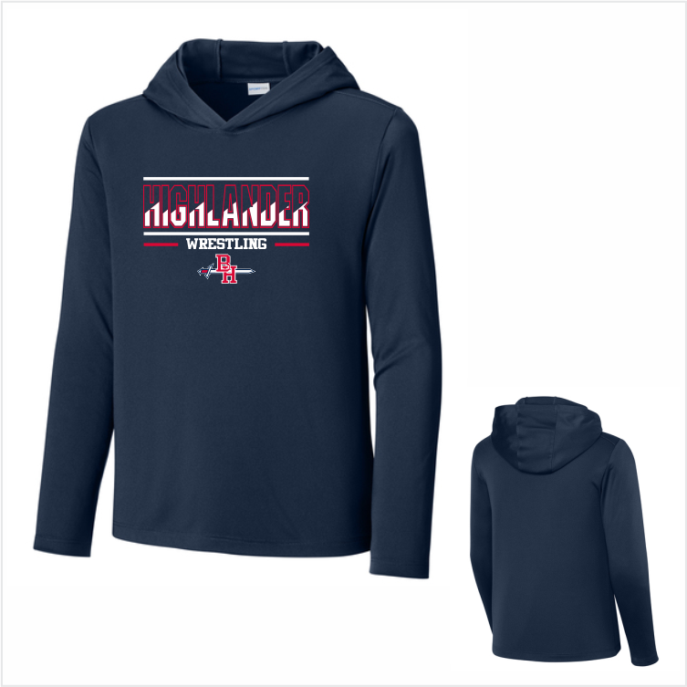 HIGHLANDER WRESTLING: NAVY HOODED L/S PERFORMANCE T